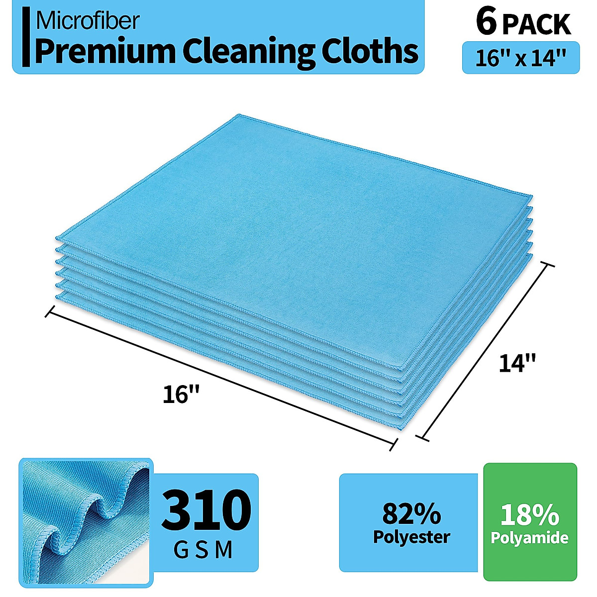 HOMERHYME Microfiber Glass Cleaning Cloth, 6 Pack Window Cleaning Cloth Glass Cleaning Towels, Reusable Lint Free Microfiber Towels for Glasses,Screens,Mirrors,Windshields & Stainless Steel,16"x14"