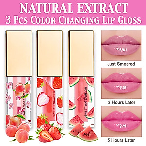 evpct 3Pcs Peach Strawberry Watermelon Mini Clear Color Change Changing PH Tinted Lip Gloss Balm Set for Women Girls Lip Oil Gloss Tint Stain Glaze Pack bulk labiales magicos brillos para labios