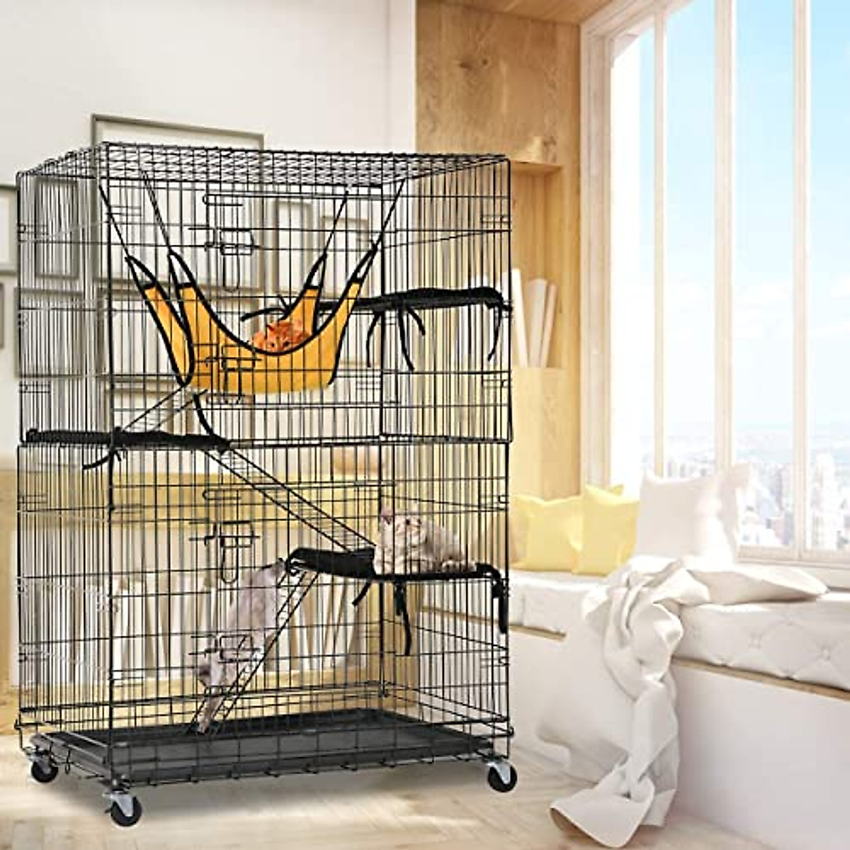 48'' Large Cat Cage with Wheels, Collapsible Large 3-Tier Metal Cat Enclosure Perching Shelves Cat Crate Cat Kennel Ferret Chinchilla Cage with Cat Hammock/3 Cat Bed/3 Ramp Ladder/Cat Litter Pan