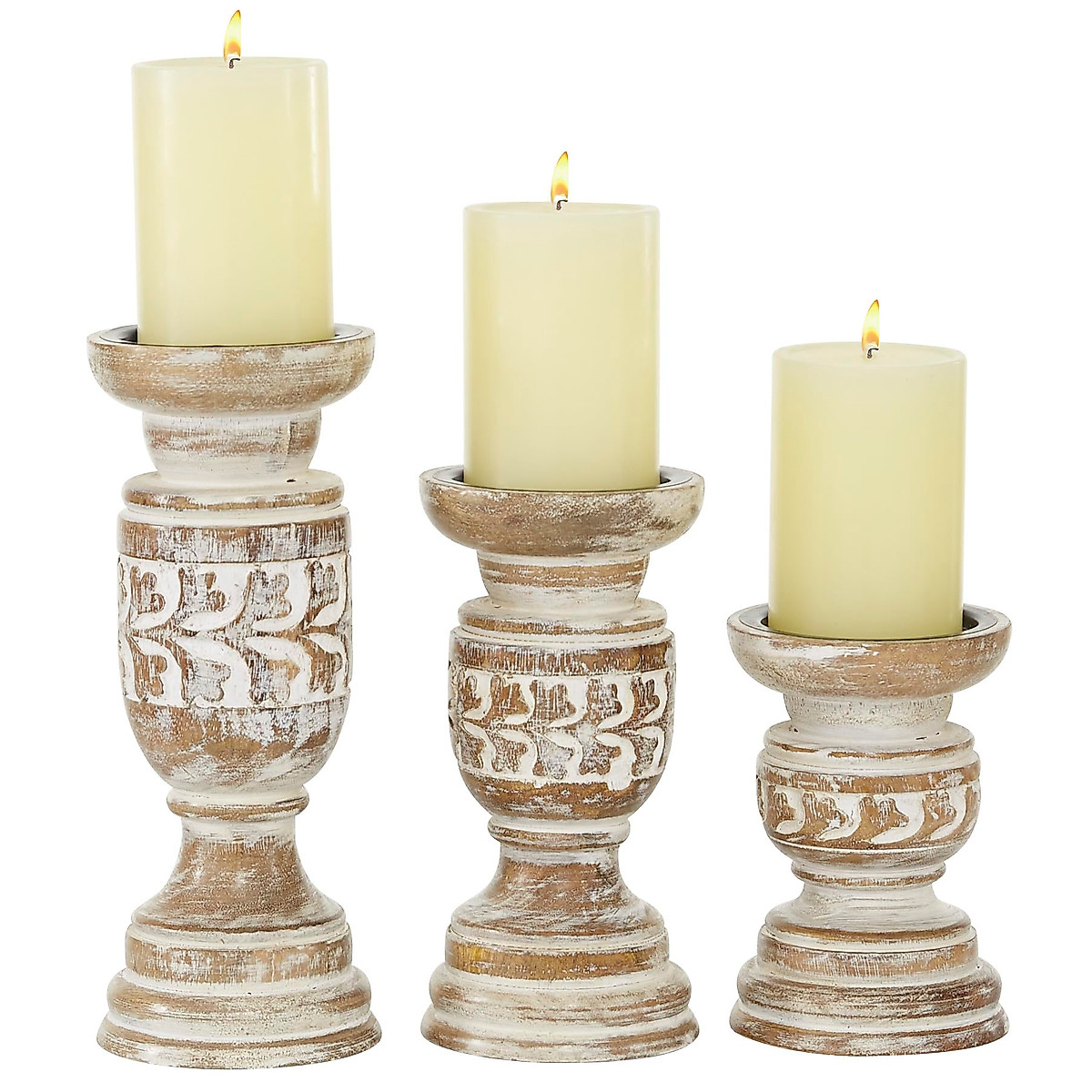 Deco 79 Wood Handmade Candle Holder with Carved Designs, Set of 3 6", 8", 10"H, Beige