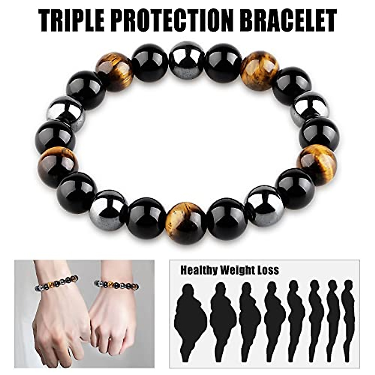 HOZEAL Triple Protection Bracelet, Black Obsidian Tiger Eye Stone Hematite Wealth Bracelets for Men Women for Bring Luck and Prosperity, Beaded Buddha Crystals Rope Stretch Bracelet (10mm-7inch)