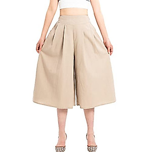 Lisskolo Linen Pants for Women Cropped Wide Leg Elastic Waist Casual Culottes Pants with Pockets Khaki XL