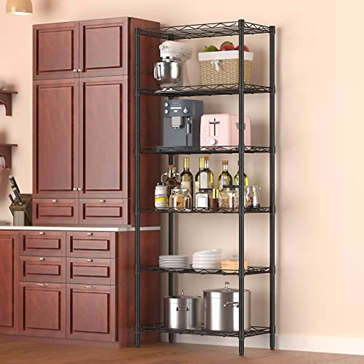 SINGAYE 6-Shelf Storage Shelf Wire Shelving Unit Metal Shelves Unit Storage Adjustable, Standing Shelf Units with PP Liner 21.25" W X 11.41D X 69 "H (Black)