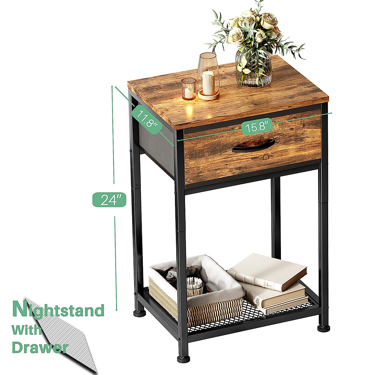 Kitstorack Night Stands Set of 2,End Tables with Drawer for Bedroom Side Table for Home, Small End Table Brown Wood Night Stand Bedroom Nightstands Bedside Table Set of 2 Bedroom Furniture