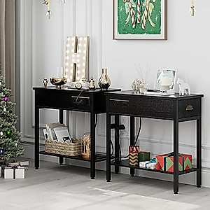 23 " Black End Side Table Living Room with Charging Station,Narrow Couch Table With Storage Drawers/USB Ports/Outlets, Flip Top Bedside Tables Night Stand Furniture for Bedroom Office Small Spaces