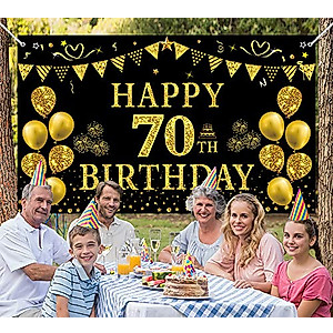 Trgowaul 70th Birthday Backdrop Gold and Black 5.9 X 3.6 Fts Happy Birthday Party Decorations Banner for Women Men Photography Supplies Background Happy Birthday Decoration