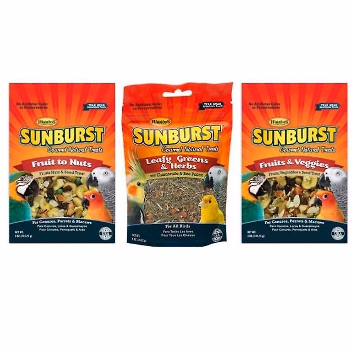 Higgins Sunburst Gourmet Natural Treats 3 Flavor Variety Sampler Bundle: (1) Fruit to Nuts, (1) Leafy Greens & Herbs, and (1) Fruits & Veggies, 1-5 Oz. Ea. (3 Bags Total)