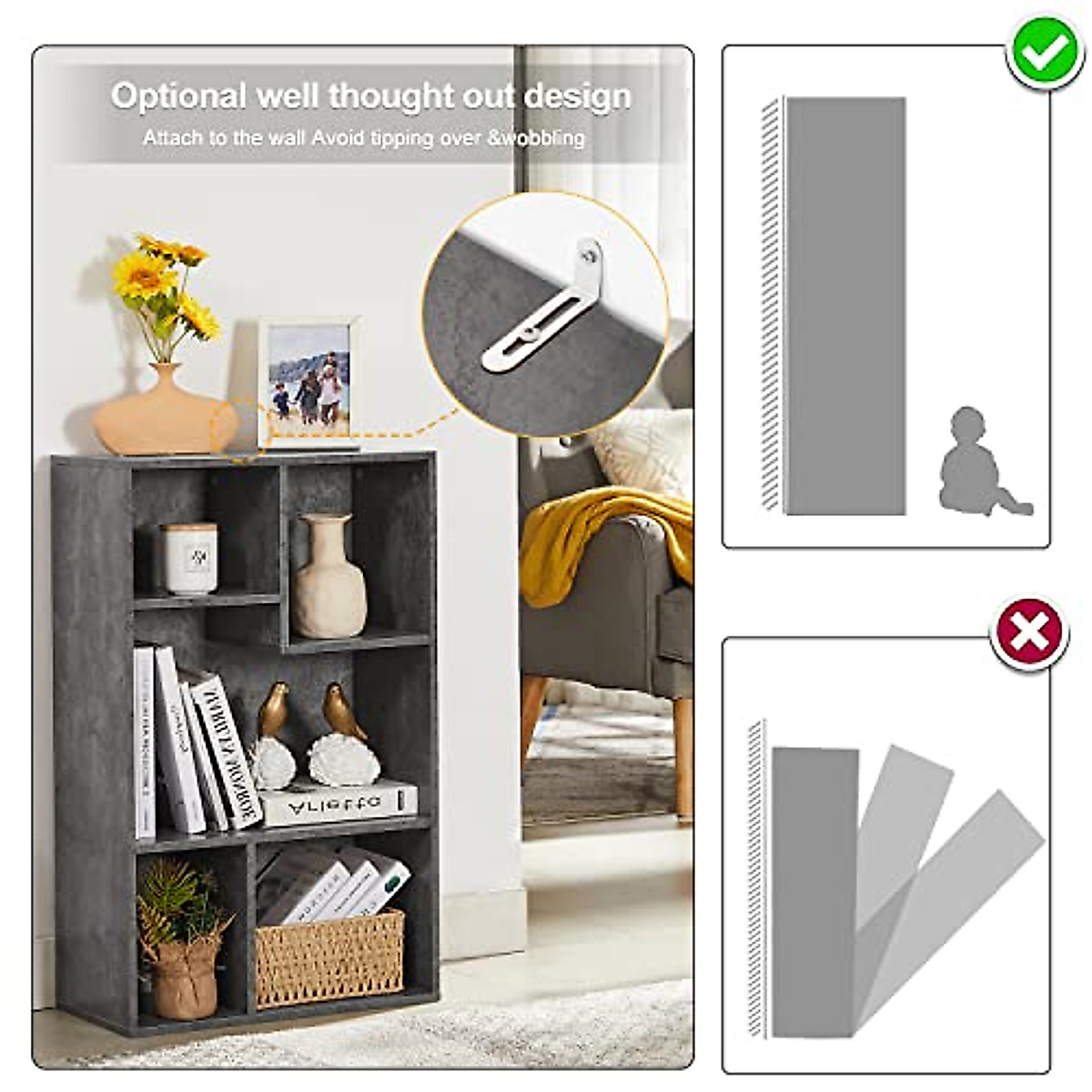 VECELO 31 Inch High Modern Bookcase, 3 Tier Bookshelves, 5 Cube Storage Organizer with Anti-tip Kit, Different Height Open Storage Fits Most Books, Easy to Install, Grey