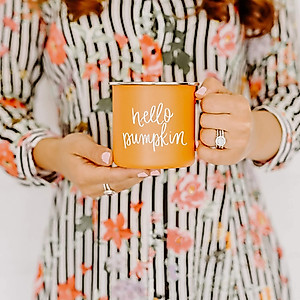 Sweet Water Decor Hello Pumpkin Coffee Mug | 18oz Galvanized Steel Campfire Style Coffee Cup | Fall Mug, Fall Seasonal Decor, Pumpkin Coffee Cup