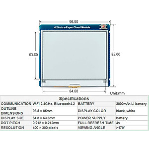 Bicool Waveshare 4.2inch E-Paper Cloud Module 400×300 Pixels e-Ink Display, Bluetooth 4.2 Connectivity Paper-Like Effect,Long Battery Life Support Quick Charge, 4.2inch WiFi e-Paper Display