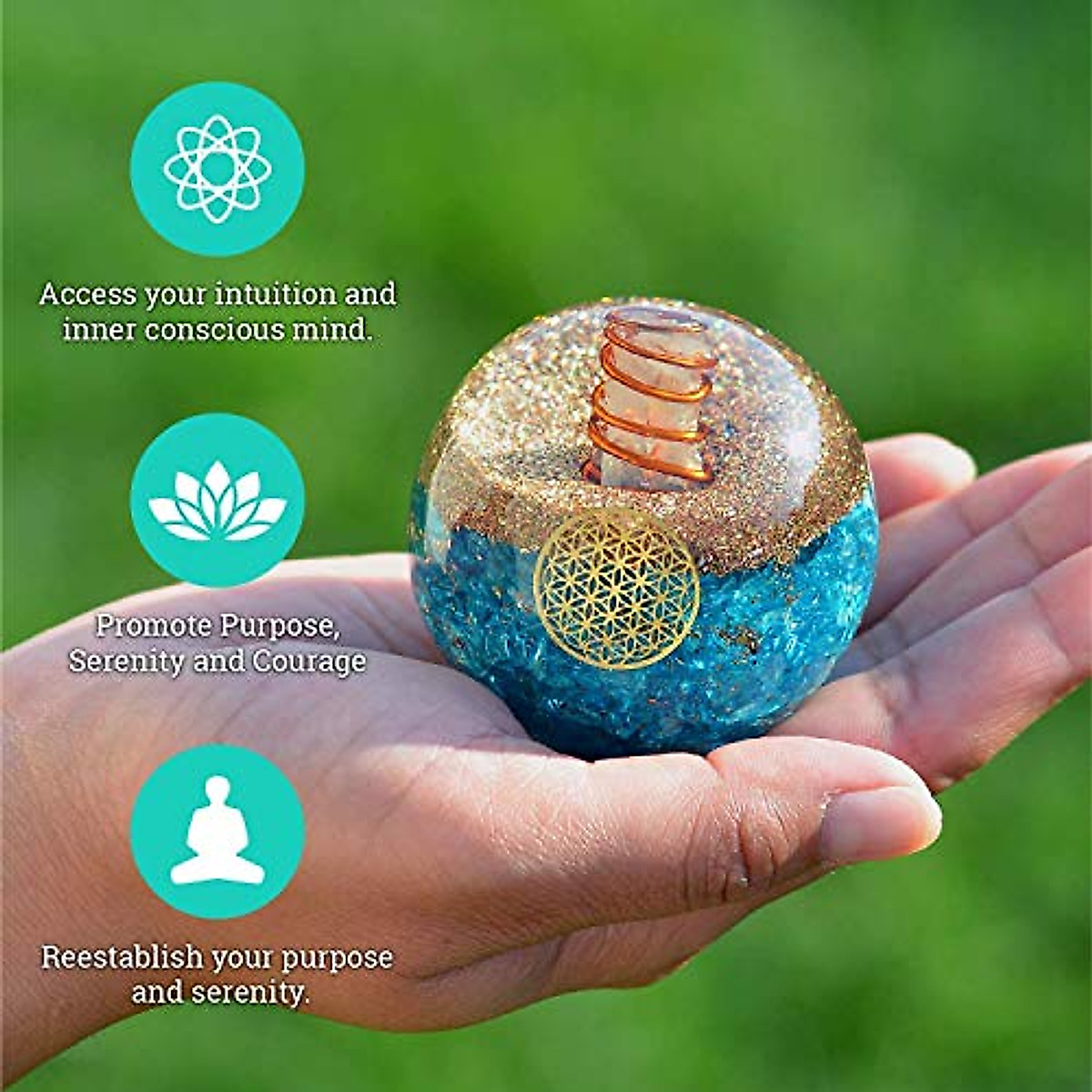 Orgonite Crystal Blue Aquamarine Crystal Ball with Stand for Positive Energy, E-emission Protection and Chakra Balancing –with Flower of Life Symbol to Promote Purpose, Serenity and Courage