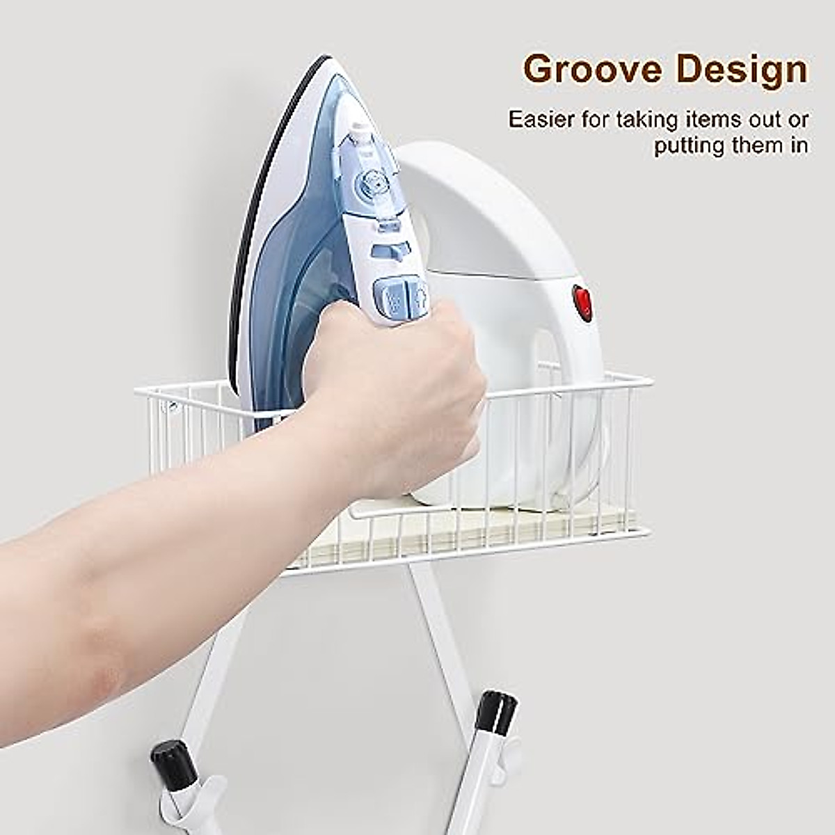 Ironing Board Hanger Wall Mount for Y Leg Ironing Board Holder with Shelf and Wooden Base Basket Iron Holder Rack with Hooks for Home Laundry Room White