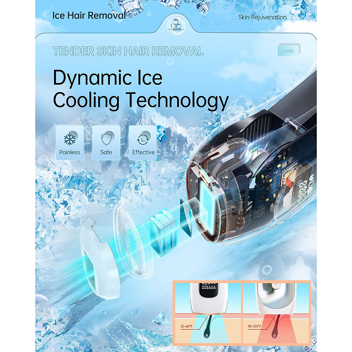 IPL Hair Removal for Women and Men, Permanent Laser Hair Removal with 2 Intelligent Attachments for SR HR, Ice Cooling Painless Hair Removal At Home, 999900 Flashes, Safe for Whole Body