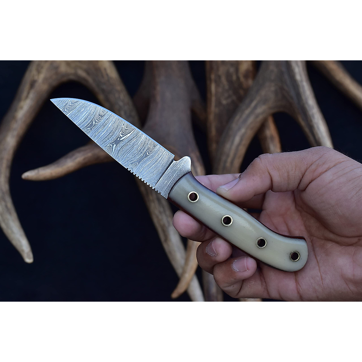 Knives Ranch Handmade Damascus Steel Knife Full Tang Quad Lanyard Hole Knife Cattle Bone Handle Heavy Duty 45 Degree Pancake Sheath Snug Fit (3112-B)