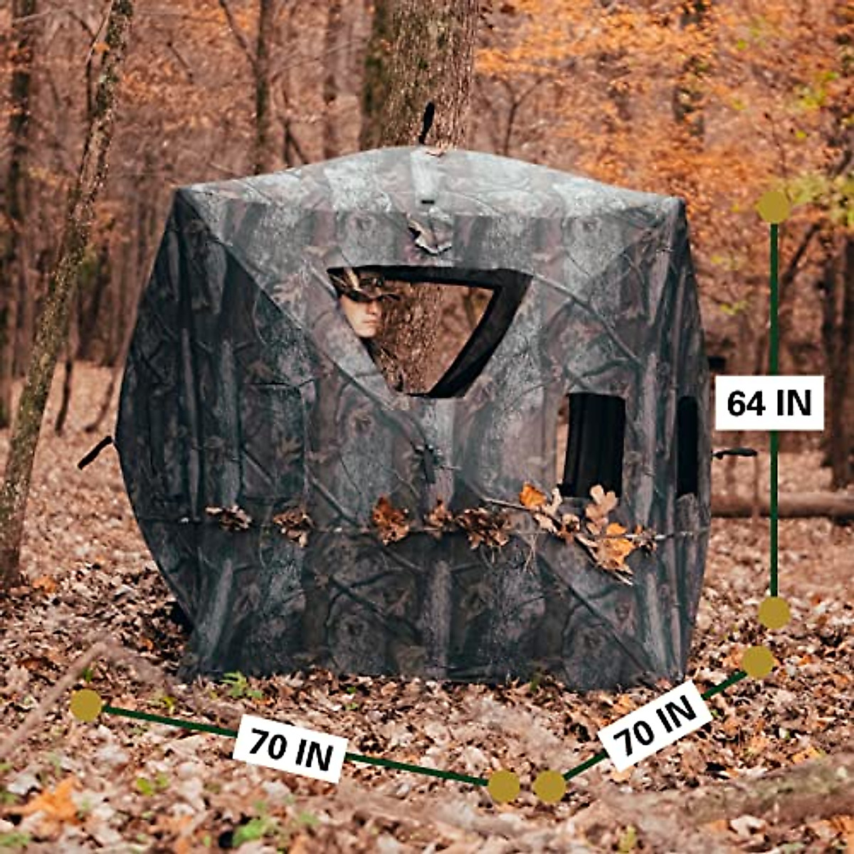 Black Hoof Outdoors 360 Degree View Hunting Blind, See Through Ground Blind for Deer & Turkey, Pop Up Hub Design Tent with Stakes for 2-3 Person, Camouflage Screen and Adjustable Windows for Gun & Bow