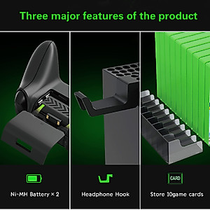 Stand for Xbox Series X, Dual Controller Charging Station with 2 Rechargeable Battery Pack, 10 Game Slots & Headphone Holder for Xbox Series X (Dark Black)