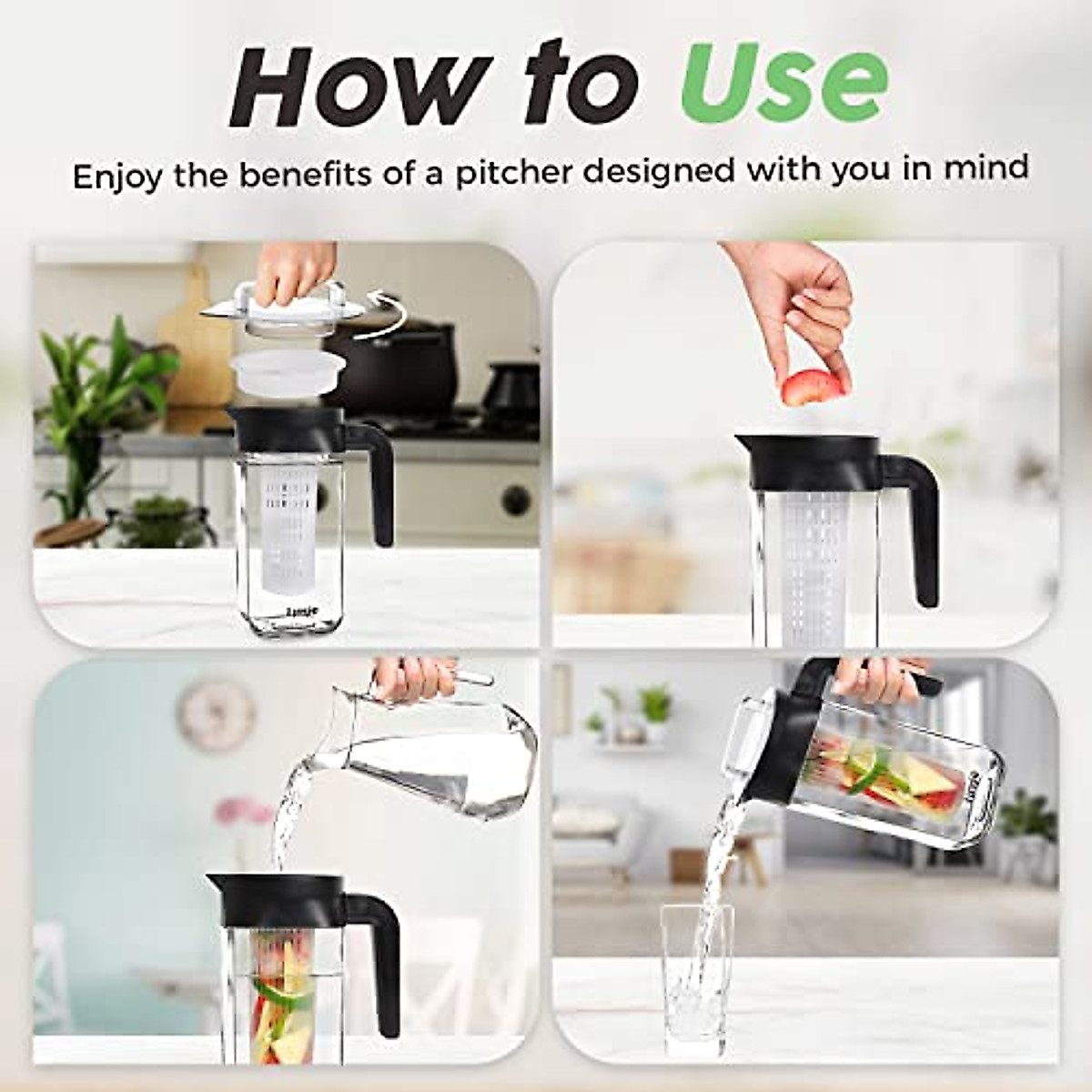 Fruit Infuser Water Pitcher, 36 Ounce Food Grade Borosilicate Glass Infusion Jug Ideal for Iced Juice, Beverages, Water, Lemon, Fruit Wedges & Herbs | Small Pitcher, 4.5 Cups