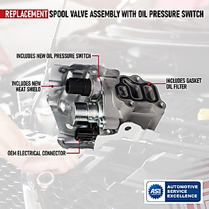 Spool Valve Assembly with Oil Pressure Switch - VTEC Solenoid - Compatible with Honda & Acura Vehicles - Accord 2.4L, Civic 2.0L, CR-V, Element, RSX - Replaces 15810RAAA03, 15810-RAA-A01, 917224