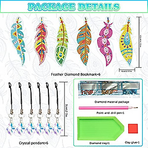 pigpigboss Feather Bookmark Diamond Painting Set 6 PCS PVC Diamond Painting Bookmark with Pendant Peacock Feather Bookmark Diamond Painting Art Graduation Gift
