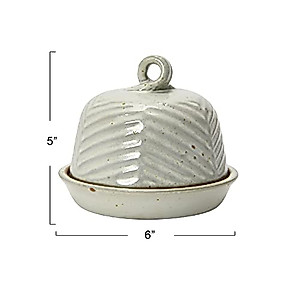 Creative Co-Op Embossed Stoneware Domed Dish with Handle, White Reactive Glaze Food Storage, 6" L x 6" W x 5" H, Multicolor