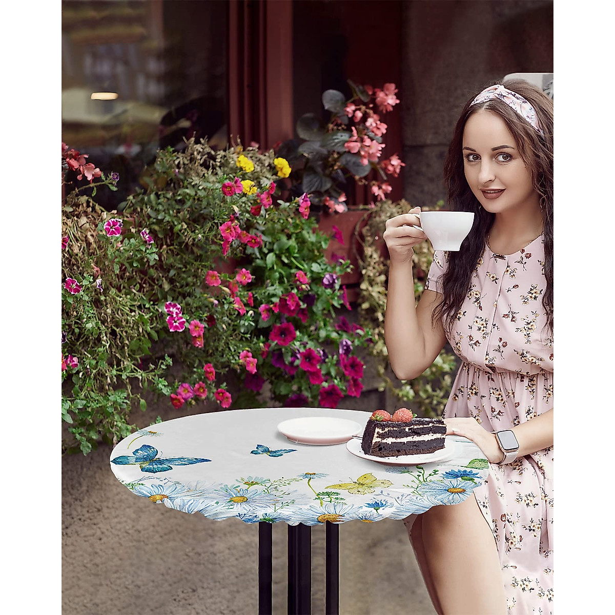 Big buy store Elastic Edged Waterproof Tablecloth Round Daisy Butterfly Dragonfly Reusable Wipeable Table Cover Watercolor Flowers Washable Oil-Proof Fitted Table Cover up up to 36"- 44" Round Tables