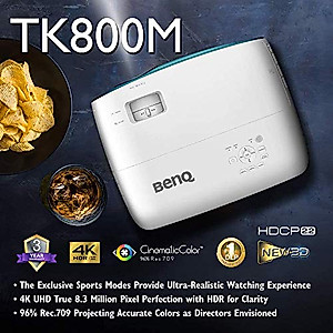 BenQ TK800 True 4K UHD HDR Home Entertainment Projector, DLP, 3000 Lumens, HMDI, Football Mode - White/Blue