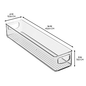 iDesign Fridge Plastic Storage Organizer Bin with Handles, Clear Container for Food, Drinks, Produce, Pantry Organization, 16" x 4" x 3", Clear