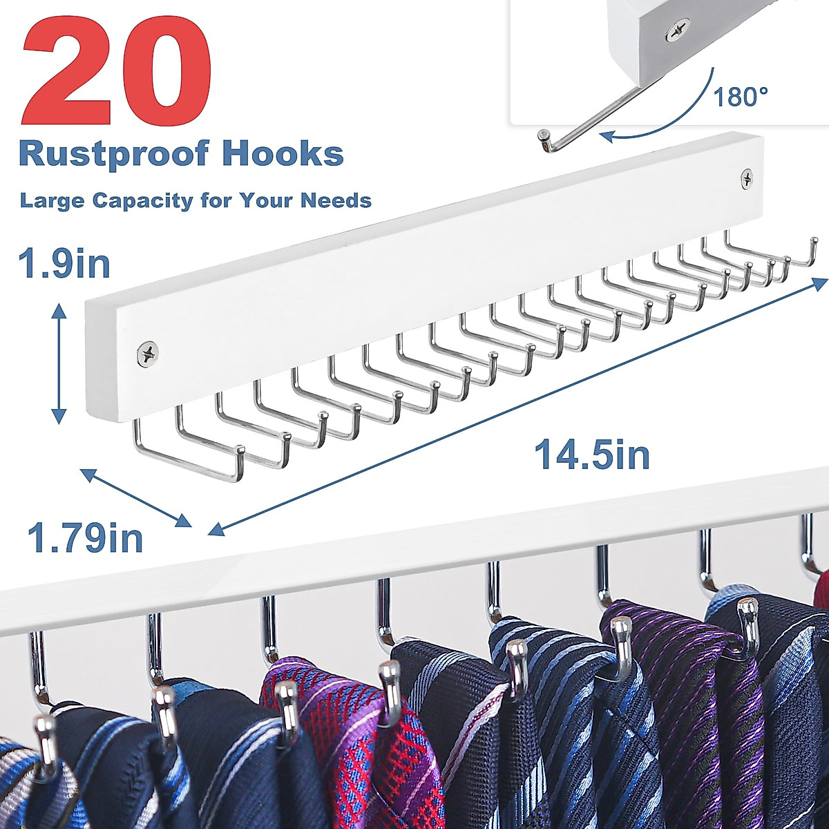 Tie Rack Wall Mounted Belt Hanger, 360° Rotating Tie Hanger Belt Organizer 20 Storage Hooks for Belt, Ties, Purse, Scarves, Tank Top, Hats, Medals
