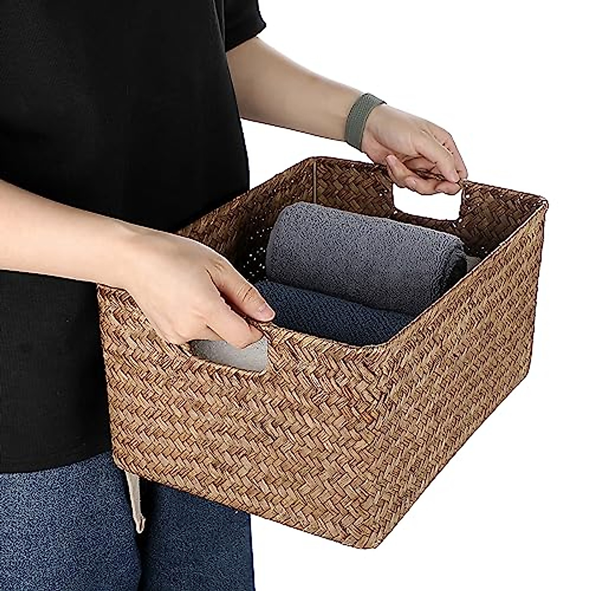 Hipiwe Seagrass Storage Opened Baskets Bin for Shelf Organizing Handwoven Wicker Baskets Rectangular Decorative Basket Closet Bedroom Organizer Bin Box Multipurpose Storage Basket with Handle