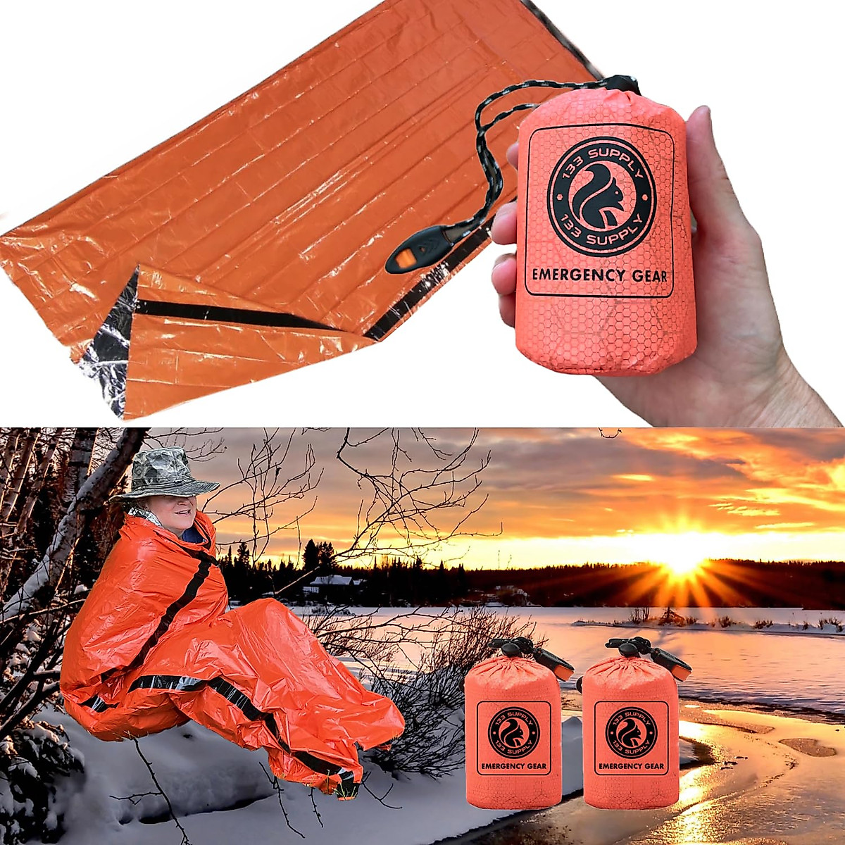133 SUPPLY 2PK Emergency Sleeping Bags for Survival Sleeping Bag Emergency Sleeping Bag Emergency Bivy Sack Thermal Blankets Survival Gear Emergency Supplies Camping Hiking Gear Outdoor Life Disaster