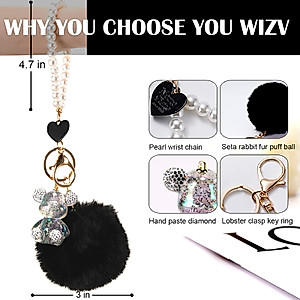 YOU WIZV Teddy Bear Keychain, Cute Bling Keychains for Women and Puff Ball key chains for Car Keys, Backpack, Purse Accessories, Aesthetic Black Pom Pom Keychain
