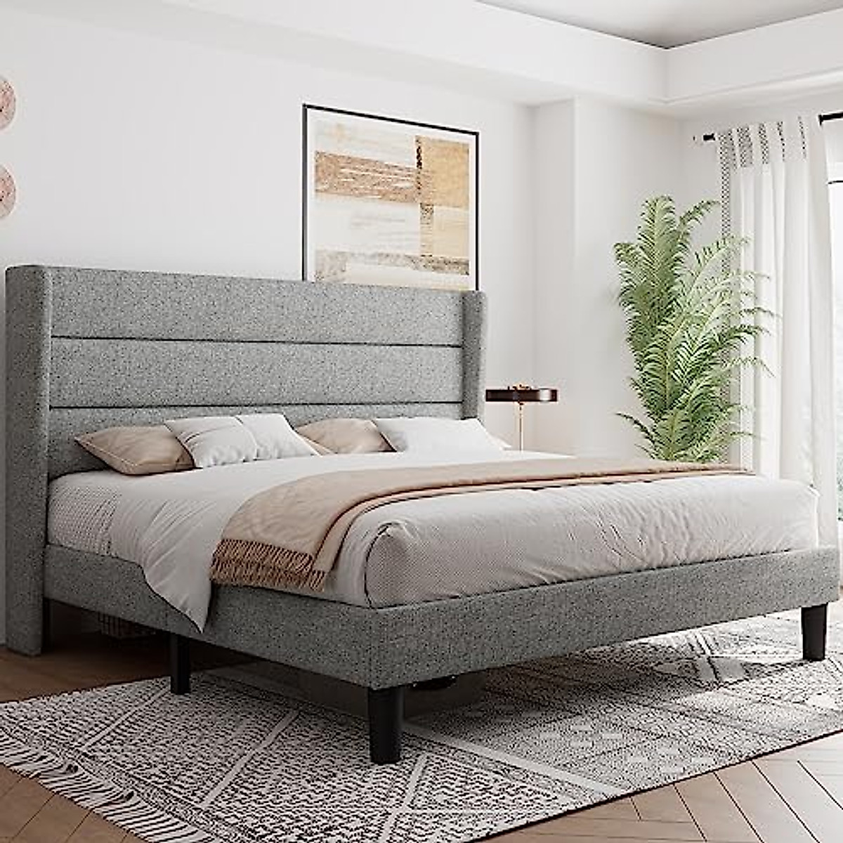 Feonase King Size Upholstered Platform Bed Frame with Wingback Headboard, Minimalist Mattress Foundation with Wooden Slats Support, Noise Free, No Box Spring Needed, Easy Assembly