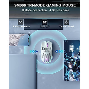 SOLAKAKA SM600 White Wireless Gaming Mouse,8000 DPI Tri-Modes BT5.1/Type-C Wired/2.4G Wireless Mouse with 2 Side Buttons, Programmable Macro Gamer Mouse with RGB Light for Laptop/PC/Mac