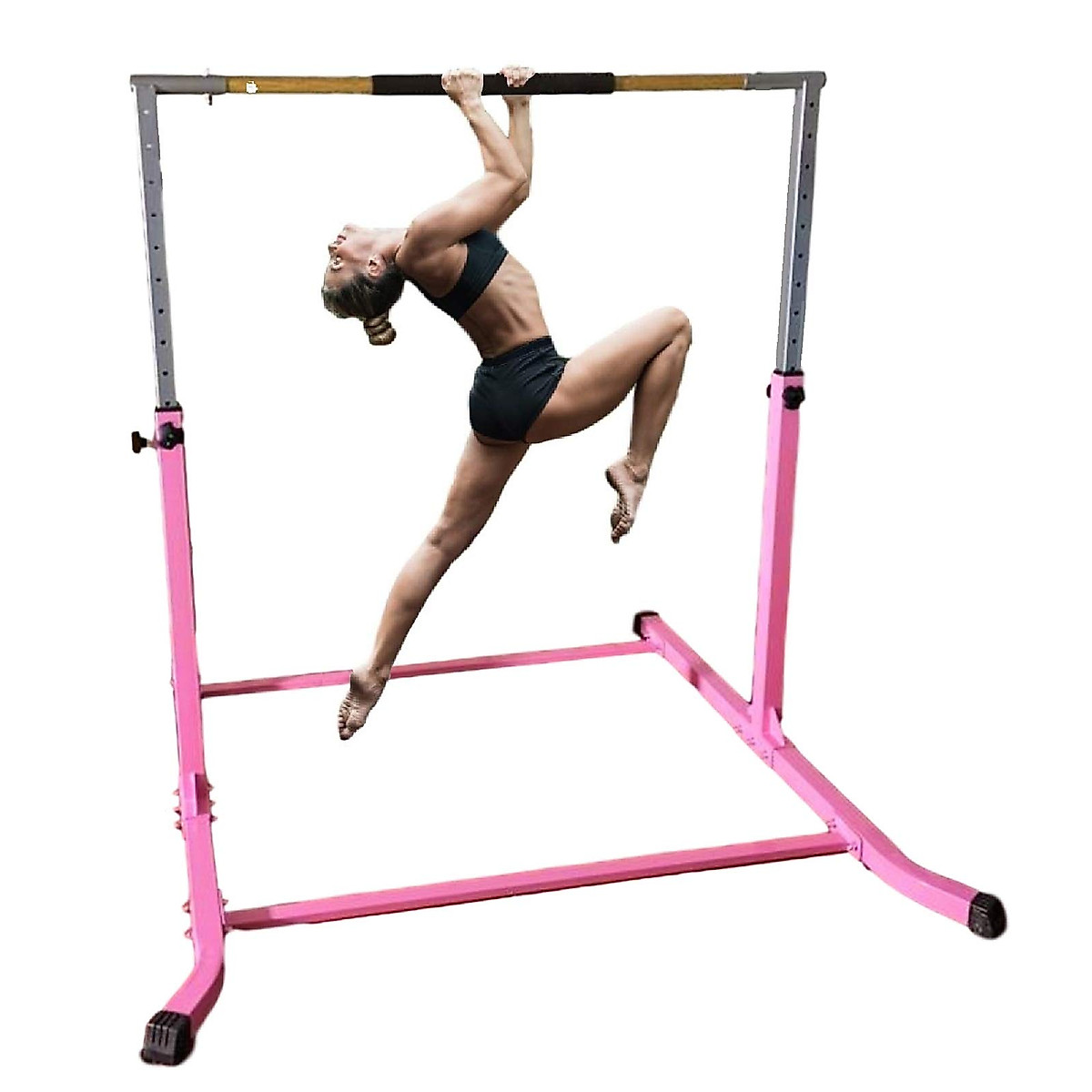 Athletic Bar Expandable Gymnastics Kip Bar Set with Balance Beam, 6'x4' Mat for Kids, Horizontal Bar Junior Gymnastic Training Exercise Gymnast Home Gym Adjustable 3 to 5 FT Fiberglass Rail (Pink)