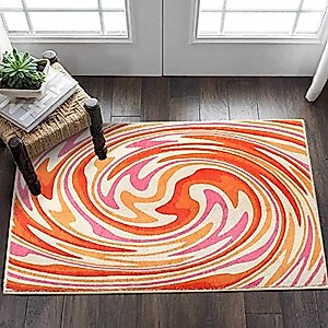 YoKii Vintage Abstract Art Throw Rugs Faux Wool Shag Plush Hippie Aesthetic Bathroom Non-Slip Trippy Spiral Retro Geometric Small Area Rug for Kitchen Entryway Indoor Doormat (2x3, Orange)