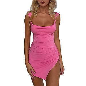 HYPERFIRE Women's Summer Square Neck Low Back Dress Split Hem Ruched Bodycon Mini Short Dresses Backless Sundress Hot Pink X-Small