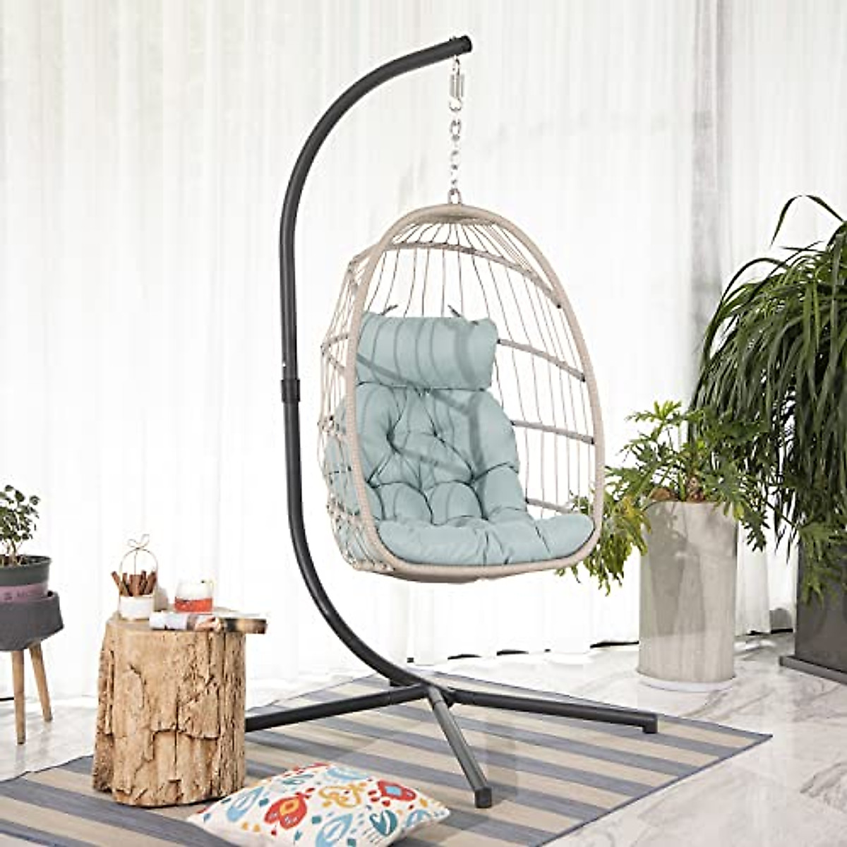 Patiorama Indoor Outdoor Egg Swing Chair with Stand, Patio Beige Wicker Rattan Hanging Chair with Rope Back, Cushion,Cover,All Weather Foldable Hammock Chair for Bedroom, Garden (Tiffany Blue)