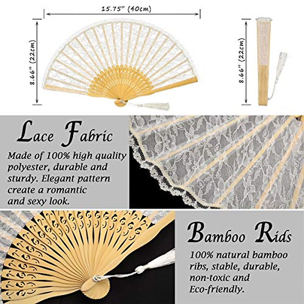 OMyTea® "Sexy Lace 8.66"(22cm) Women Folding Hand Fan with Bamboo Frame - with a Fabric Sleeve for Protection for Gifts - Chinese/Japanese Vintage Retro Style (White)
