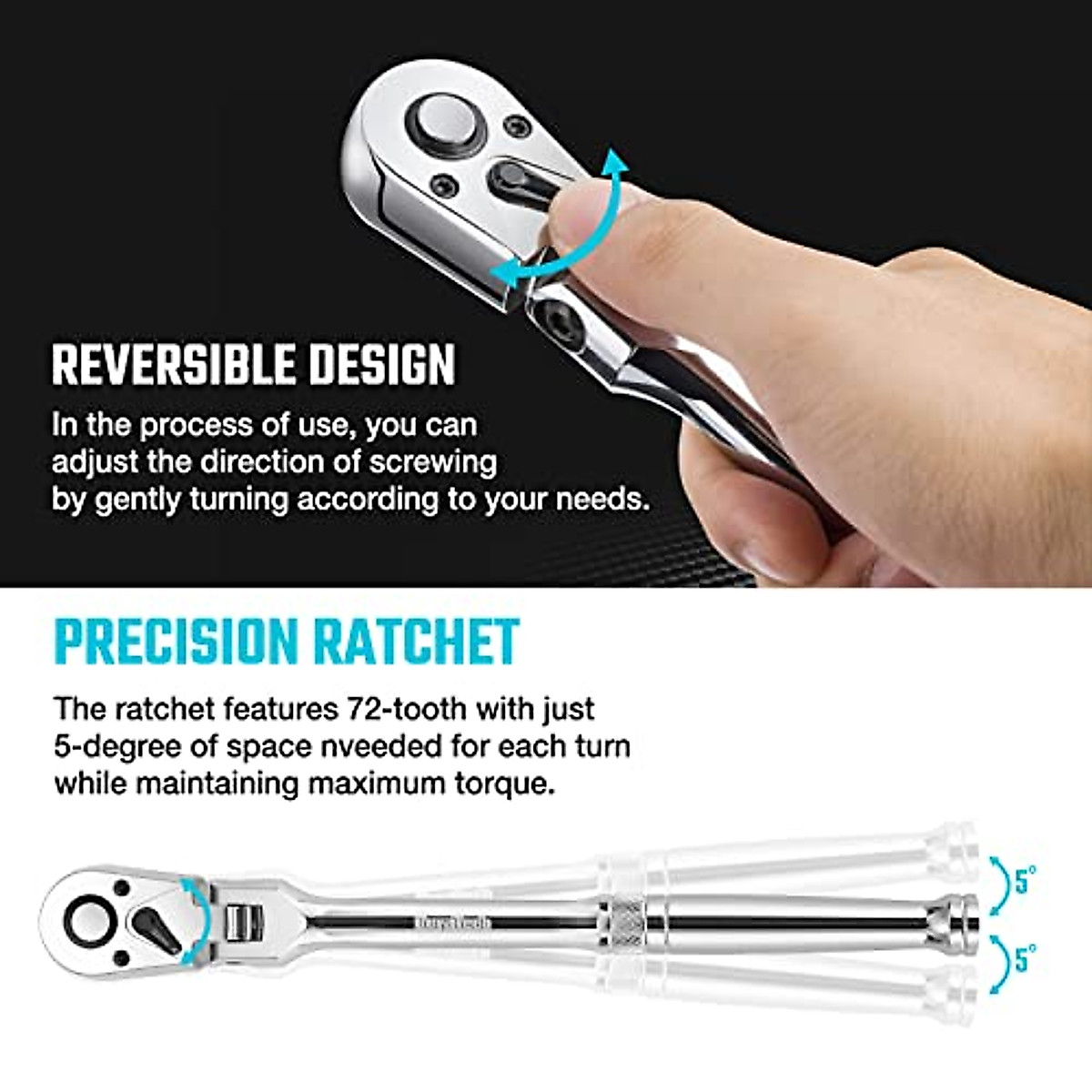 DURATECH 3/8" Drive Flex-Head Ratchet, 72-Tooth Ratchet Wrench, Quick-release, Reversible Switch, Full-Polished Chrome Plating, Alloy Steel