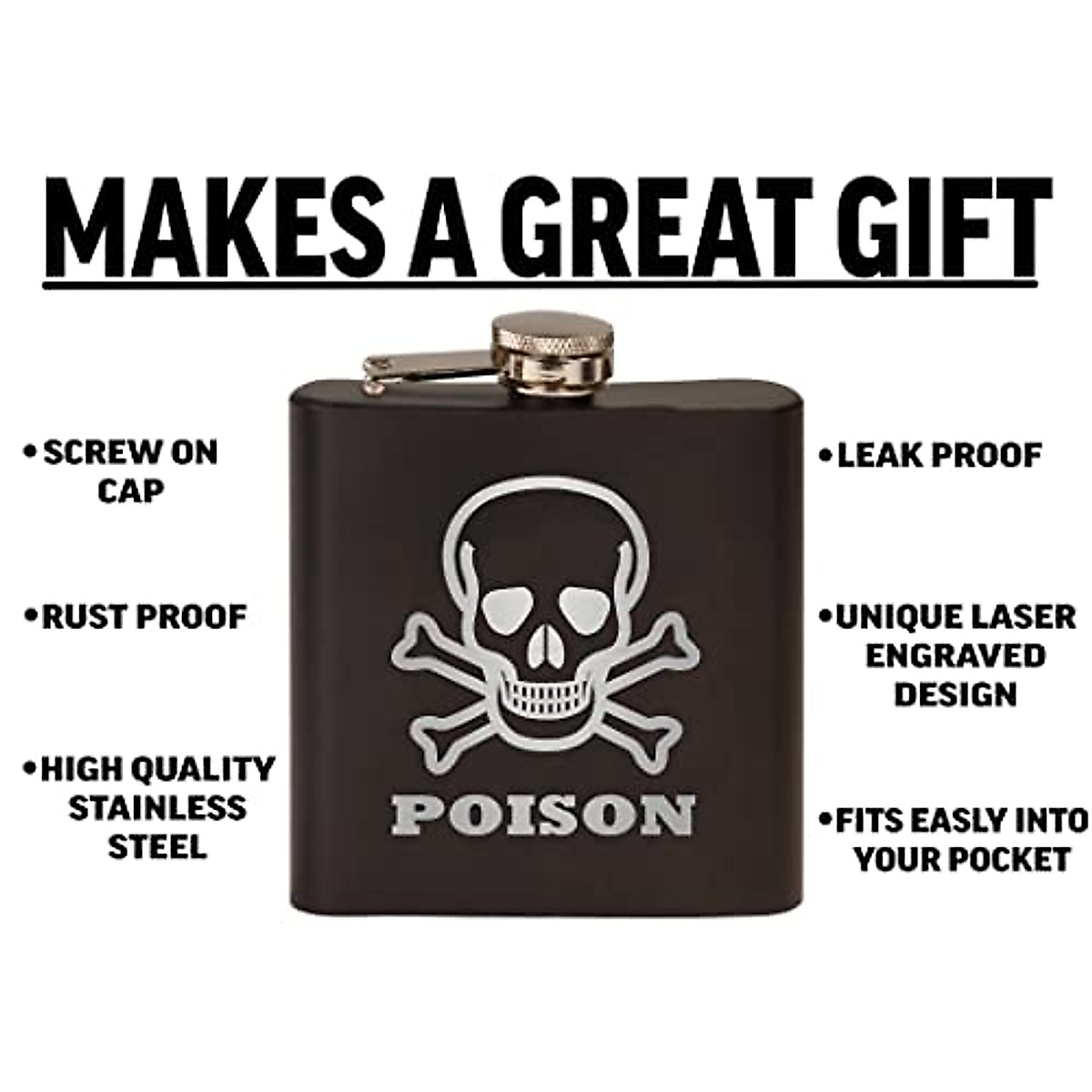 Rogue River Tactical Funny Poison Skull and Crossbones Stainless Steel Hip Flask Premium Matte Black Makes a Great Gift For Him Dad Father Gag Joke Gift