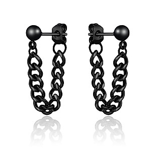 TIANBANGSHI Punk Stainless Steel Chain Earrings for Women's Hypoallergenic Hinged Huggie Dangle Earrings Silver/Black Long Chain Earrings Piercing Jewelry Gift (Black)