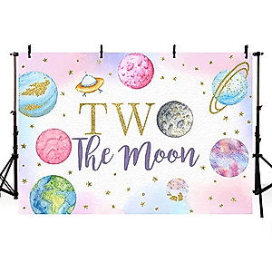 MEHOFOND 7x5ft Outer Space Two The Moon Backdrop Girl Happy 2nd Birthday Pink Gold Party Supplies Galaxy Planets Stars Theme Background Decor Photobooth Props Banner