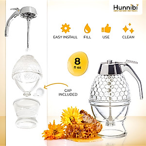 Hunnibi Honey Dispenser No Drip Glass - Maple Syrup Dispenser Glass - Beautiful Honey Comb Shaped Honey Pot - Honey Jar with Stand, Great Bee Decor