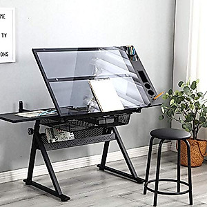 EESHHA Drawing Table Glass Drafting Table, Height Adjustable Drawing Desk with Stool, Tiltable Desk Art Table, Tempered Glass Top Painting Desk, Writing Table with 2 Drawers Beautiful Scenery