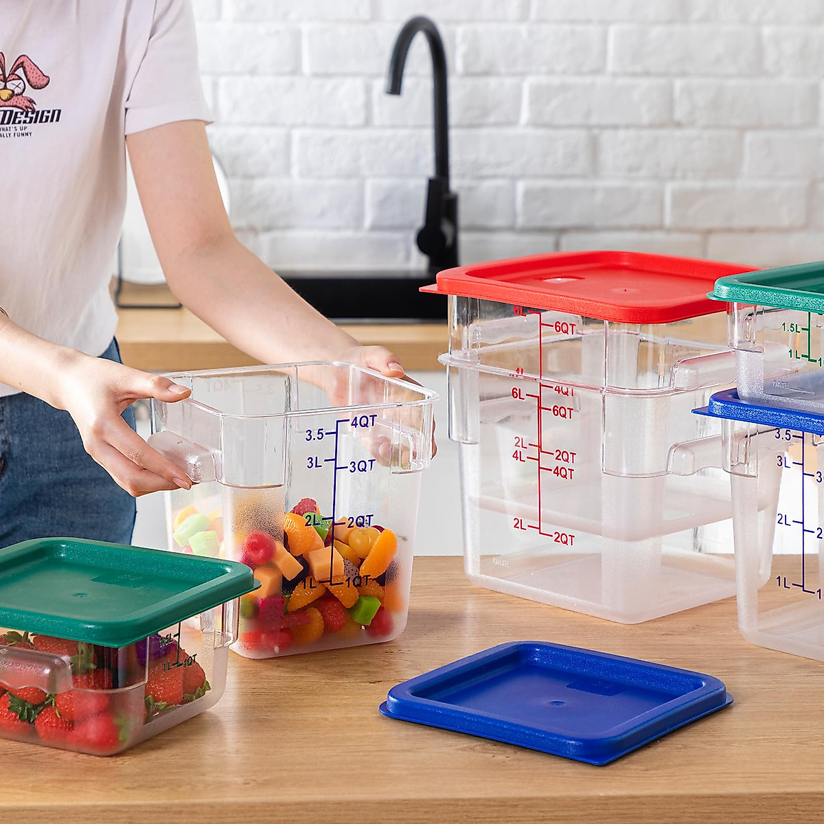 Lallisa 6 Pcs Food Storage Set, Square Polycarbonate Restaurant Food Storage Containers with Lids commercial Clear Cereal Containers for Kitchen, 3 Colors(2 Quart 4 Quart and 6 Quart)