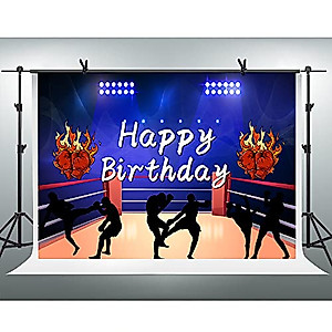 FHZON Boxing Birthday Backdrop Ring Blue Lights Photo Booth Wrestling Boxers Red Flame Gloves Banner Props Gym Decor Supplies Theme Party Live Background 7x5ft BJZZFH125