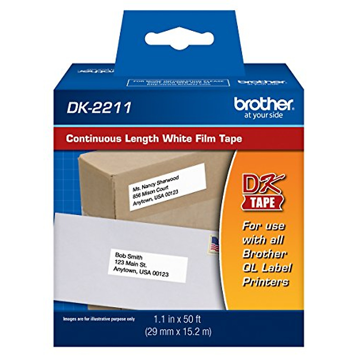 Brother Genuine DK-2211 Continuous Length Black on White Film Tape for Brother QL Label Printers, 1.1" x 50' (29mm x 15.2M), 1 Roll per Box, DK2211