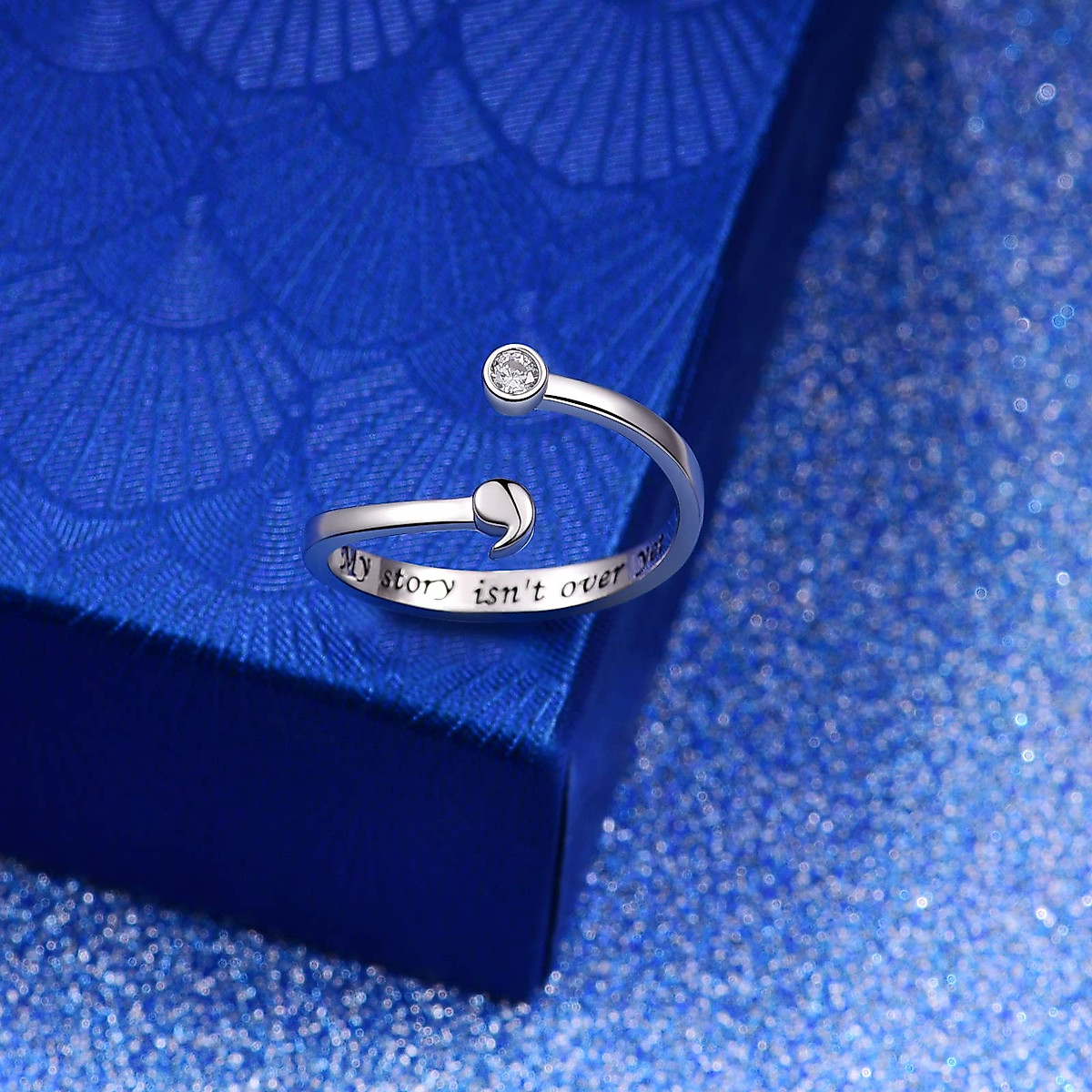 ACJNA 925 Sterling Silver Rings, My Story Isn't Over Yet Ring Adjustable Open Rings Semicolon Jewelry for Women Inspirational Gift