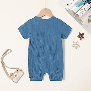 Happy Town Infant Baby Girl Boy Jumpsuit Cotton Linen Romper Short Sleeve One-Piece Bodysuit Infant Summer Clothes Outfits (Blue, 6-12 Months)