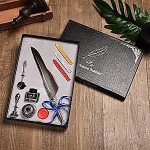 Omabeta Calligraphy Feather Quill Dip Pen Set Quill Dip Pen Feather Fountain Pen for Someone Special(Grey)